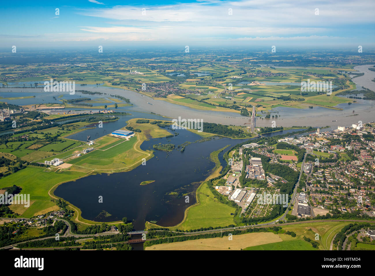 Aerial view, Rhine floods at the Lippe estuary, Niederrhein, North ...