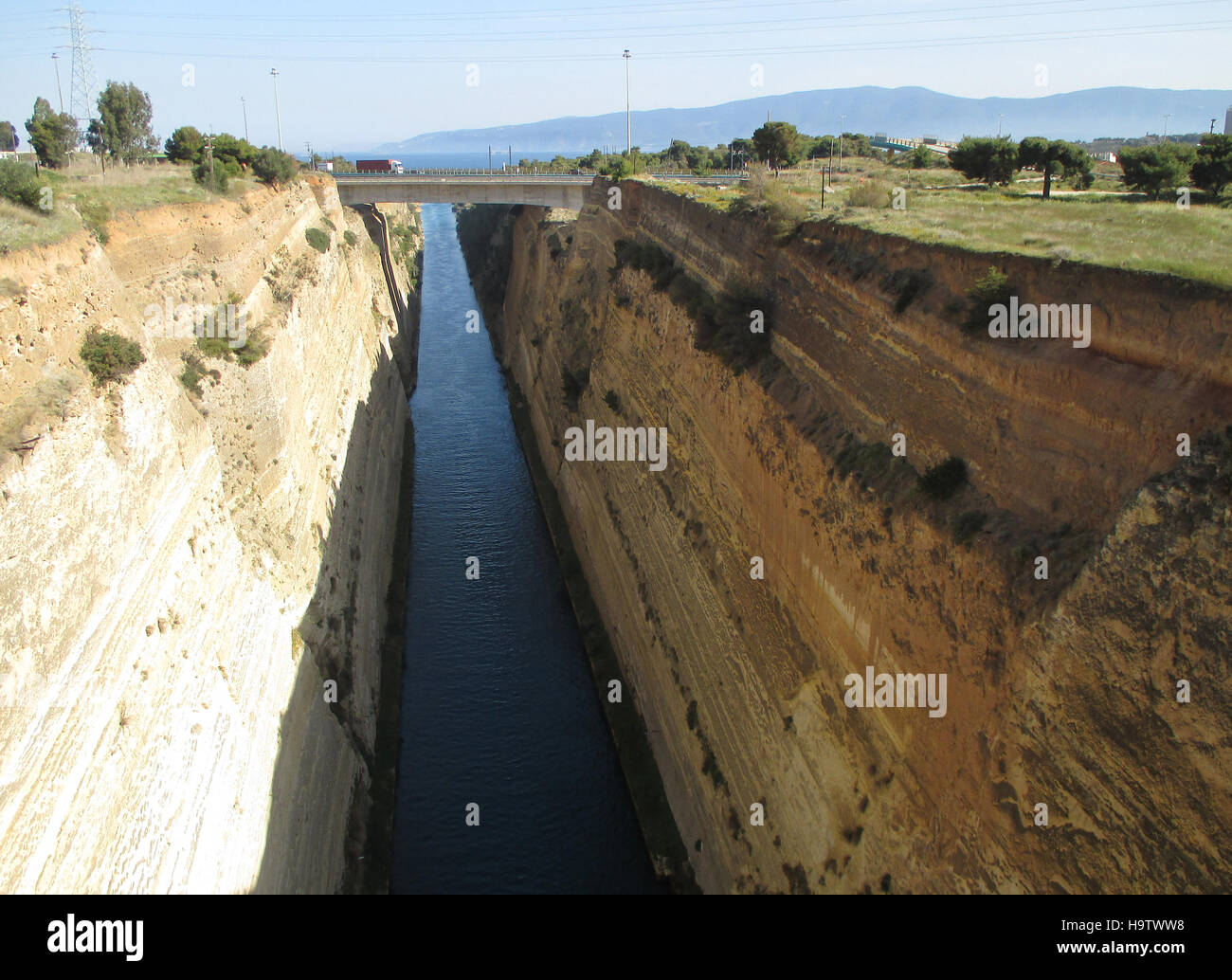 Awesome view of famous Corinth Canal with motorway bridge, Corinthia in ...