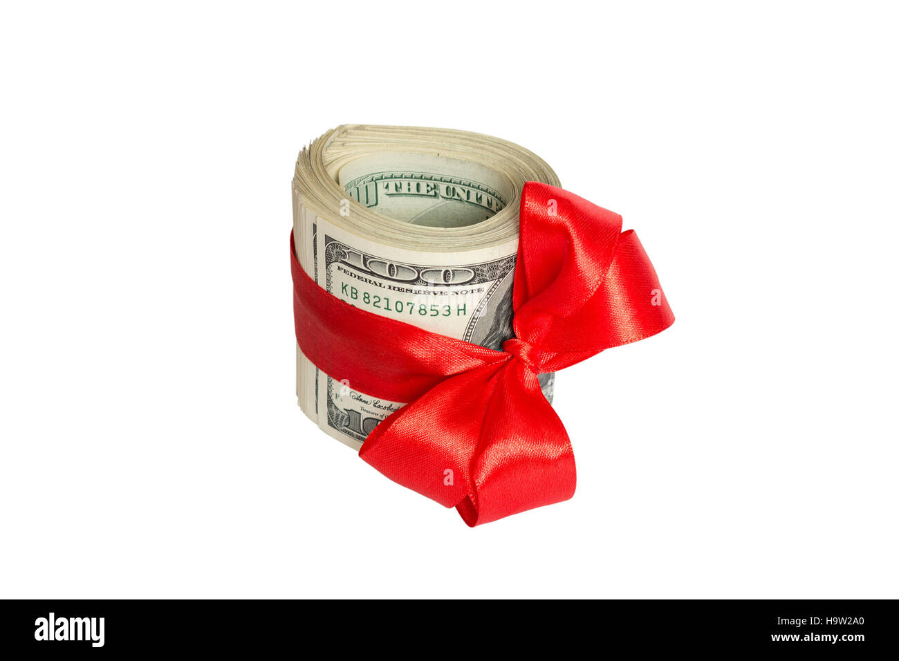 Christmas dollar cash present with red bow Isolated on white background ...