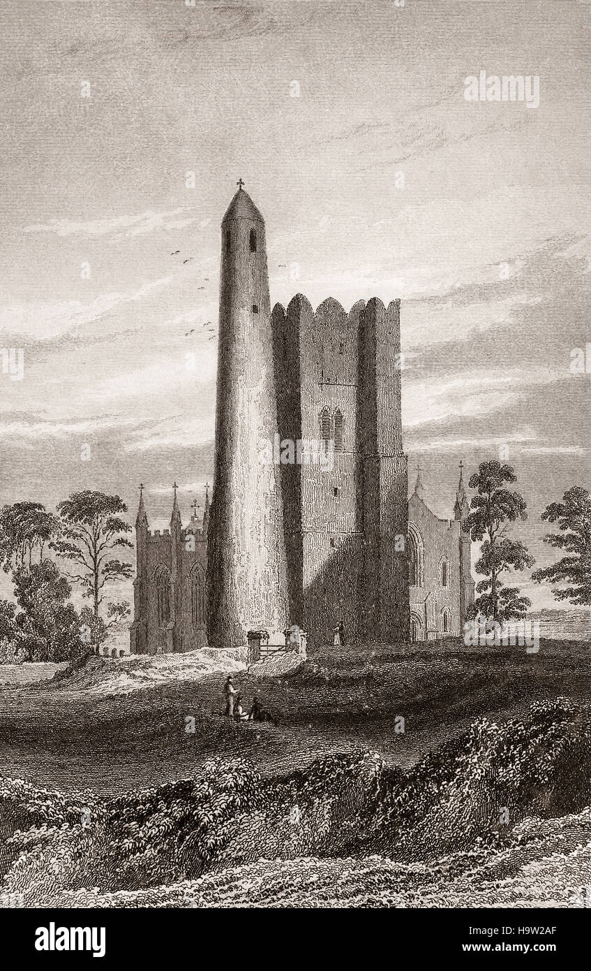19th Century view of the Church, Belfry and Round Tower in Swords. The ...