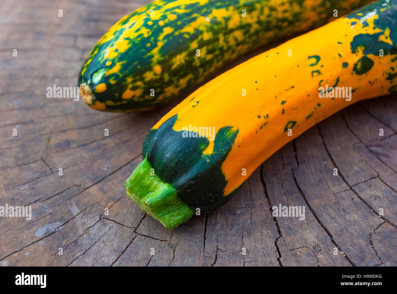 unusual green-orange zucchini on an old wooden background Stock Photo ...