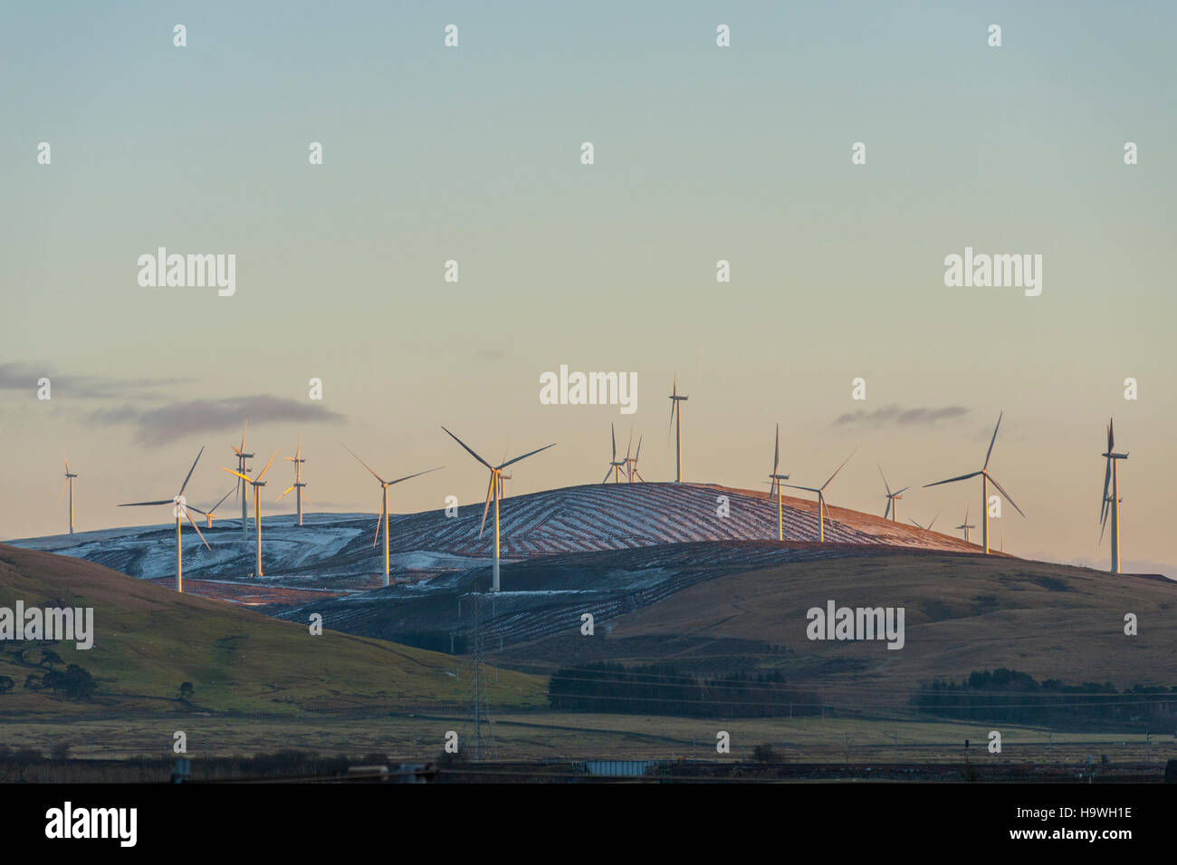 turbines of the clyde wind farm in lanarkshire scotland at sunset Stock ...