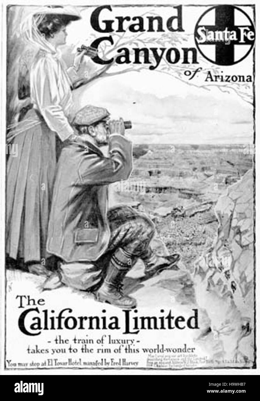 A 1908 advertisement for the Santa Fe Railroad promoting travel to the ...