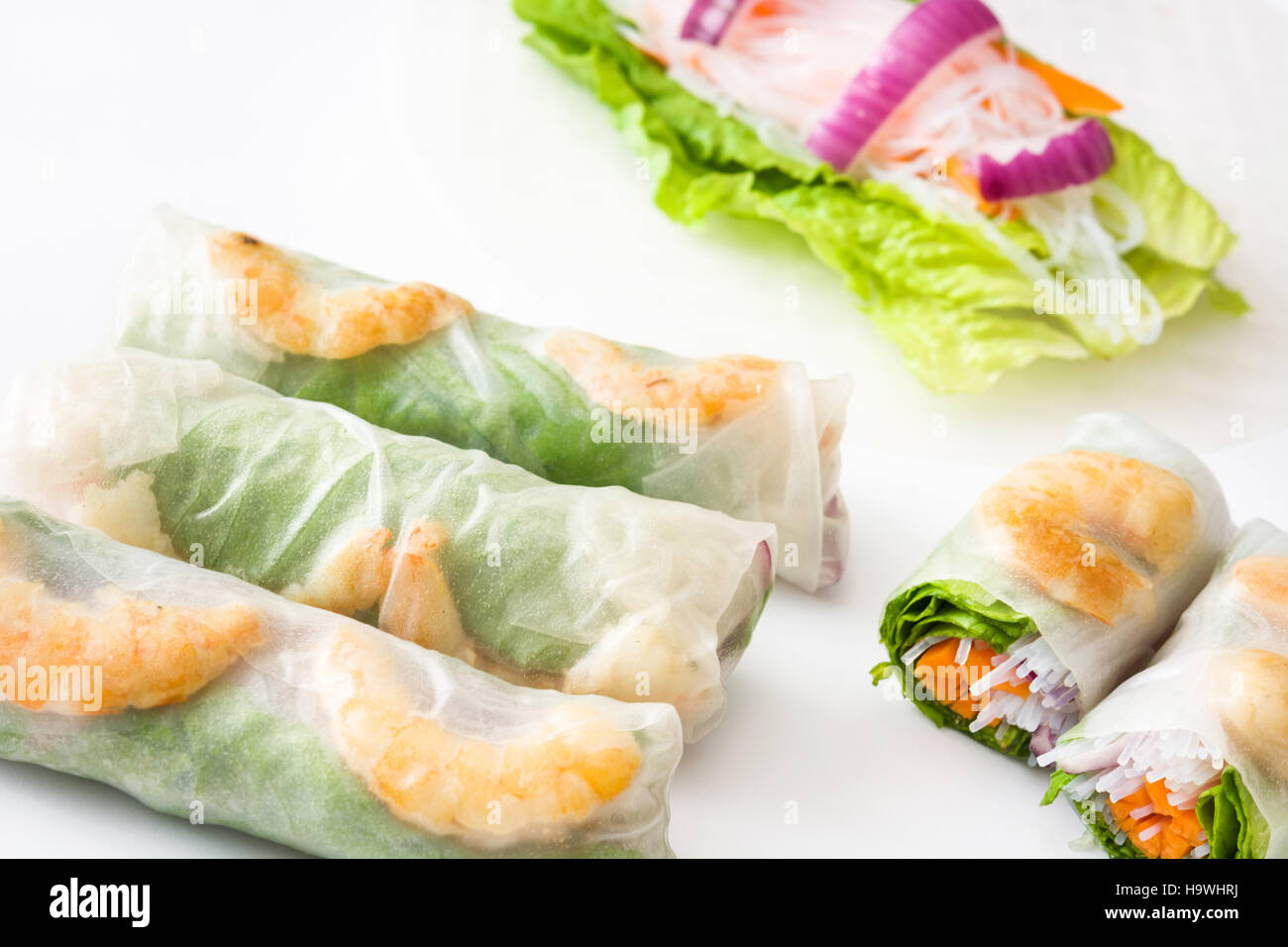 Vietnamese rolls with vegetables, rice noodles and prawns isolated on ...