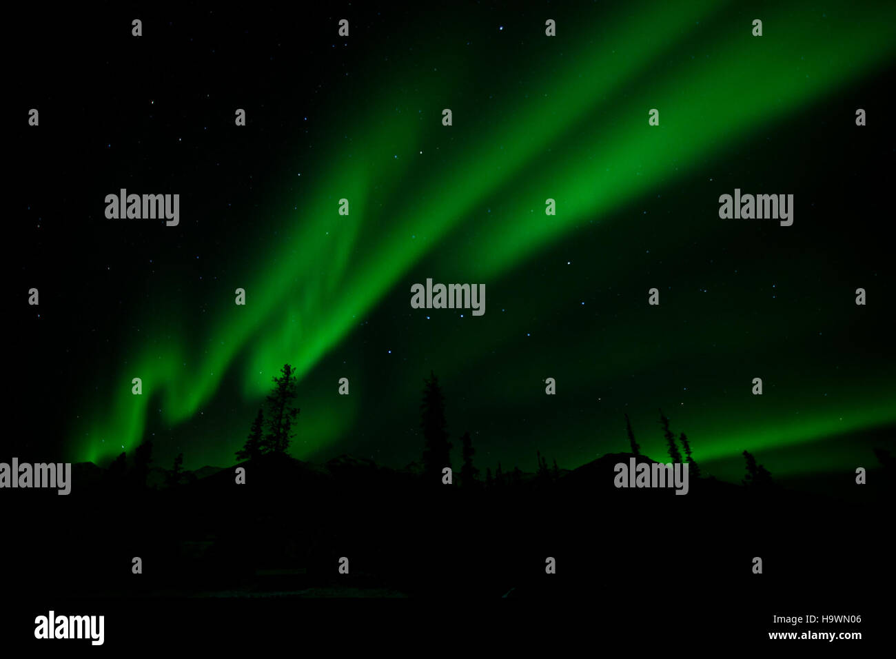 The Northern Lights, or Aurora Borealis, illuminate the night sky over ...