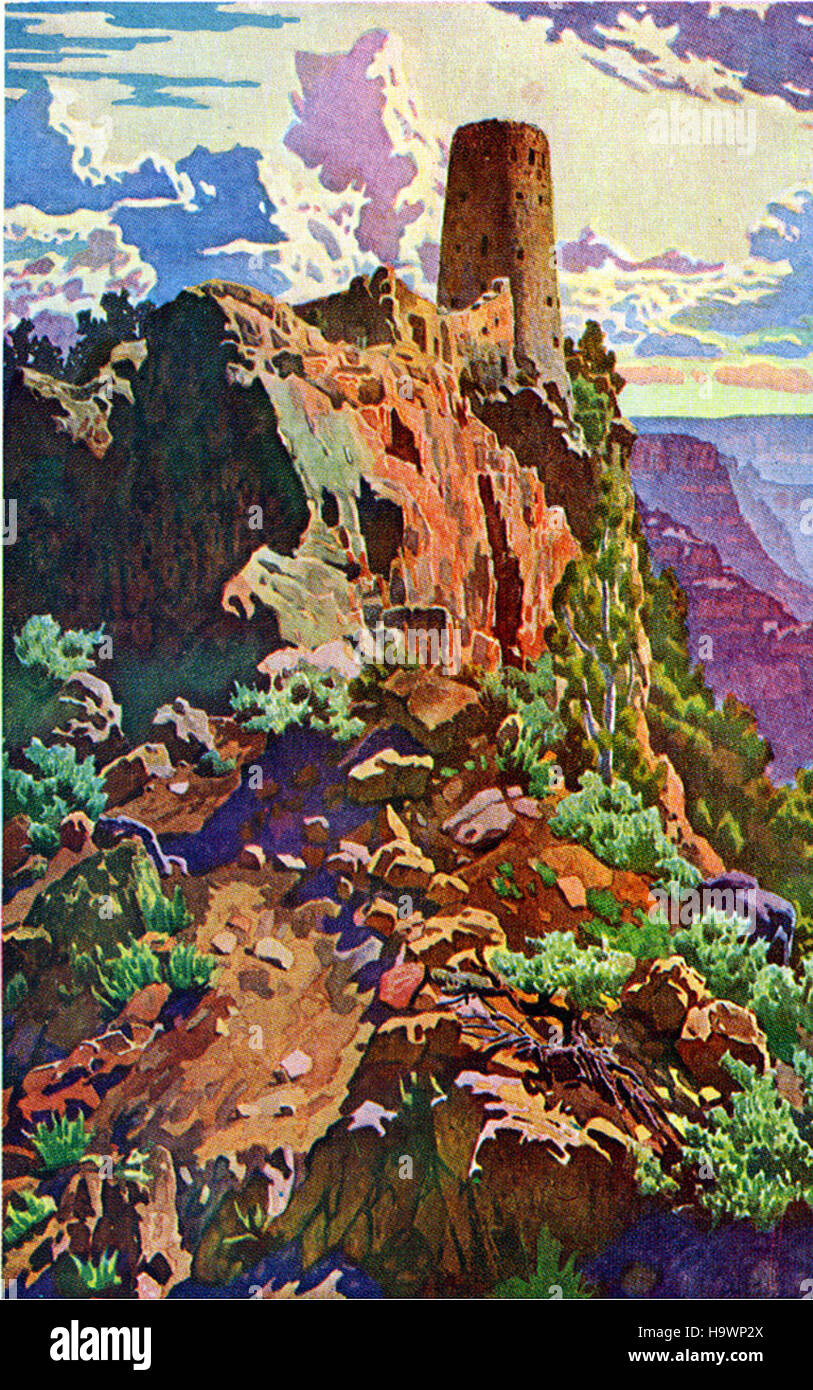 A postcard of the Grand Canyon, featuring the iconic Watchtower ...