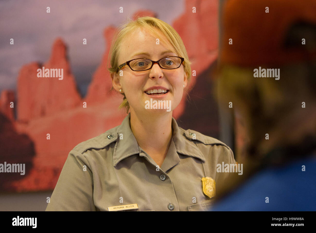 Victoria Allen, a park ranger at the Arches Visitor Center, engages ...