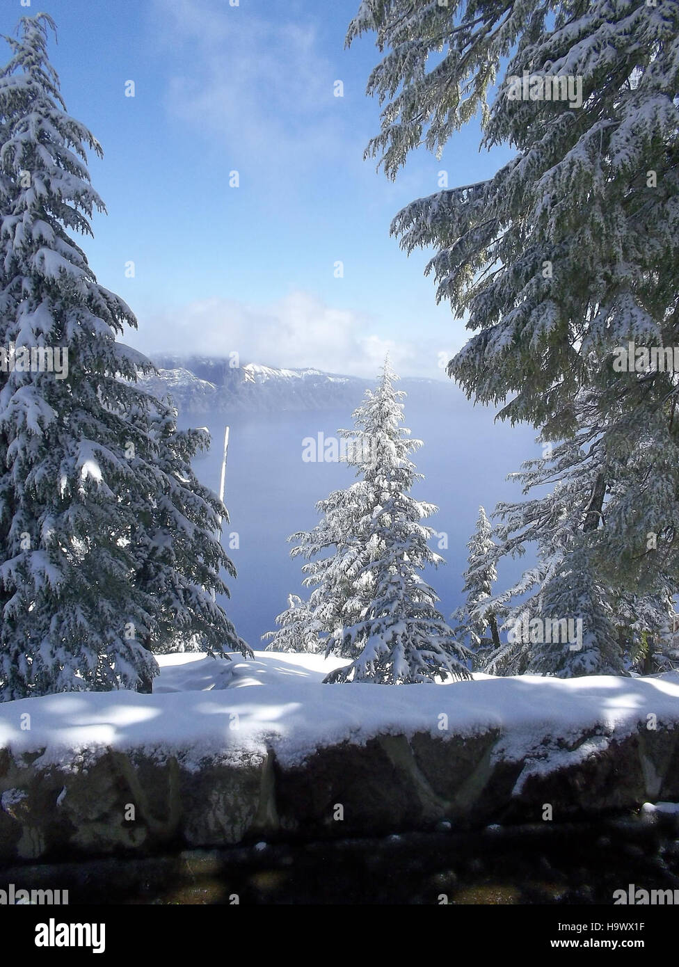 Snowfall in June captured at the visitor center of Crater Lake National ...