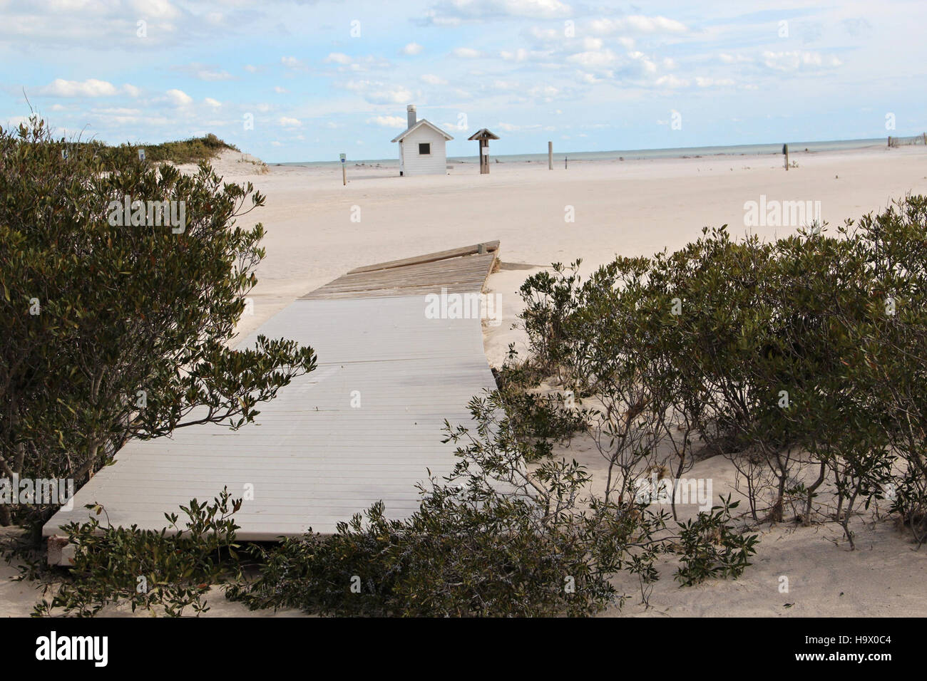 A displaced boardwalk on South Ocean Beach in Assateague National ...