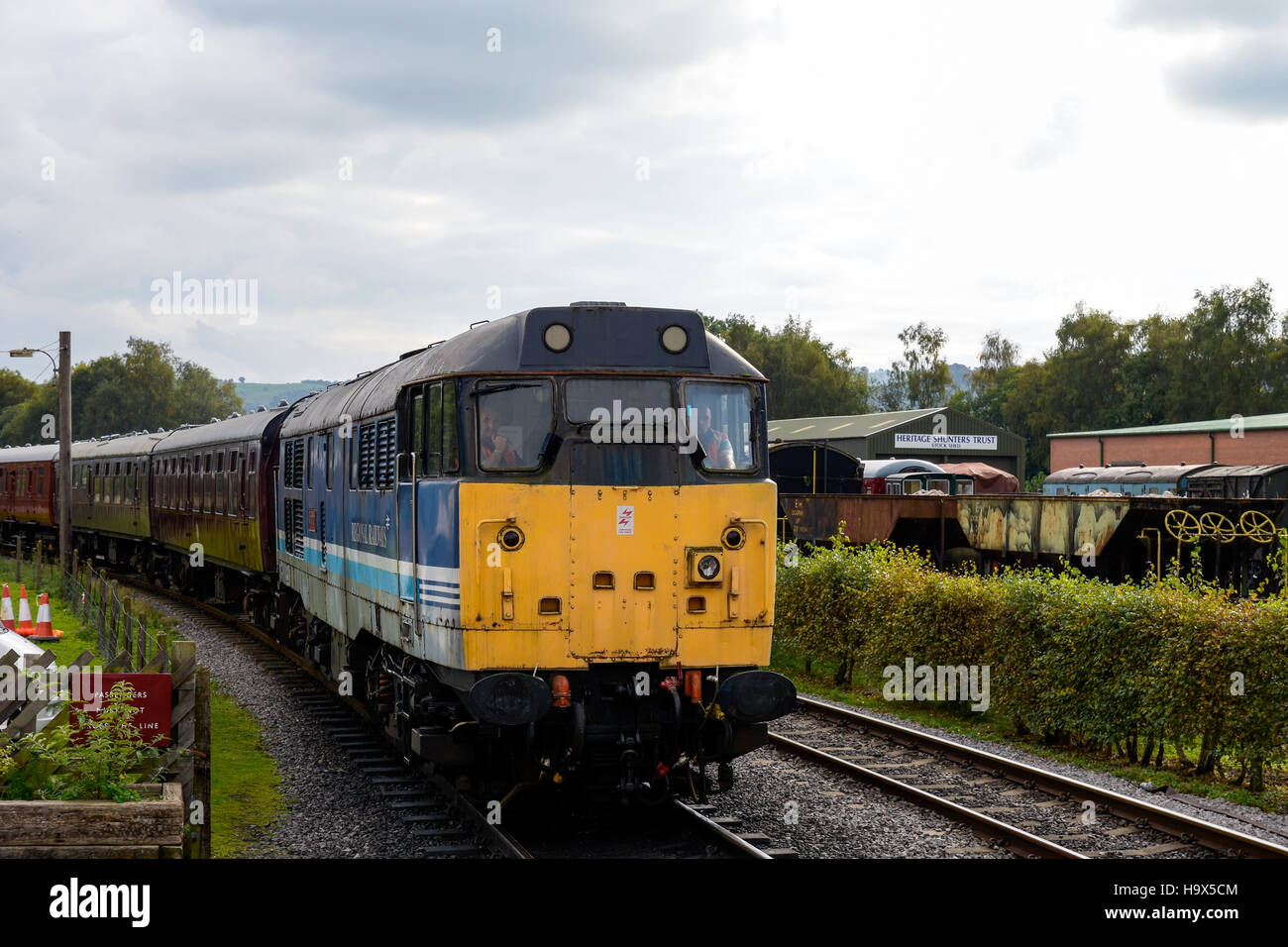 Diesel train pulling into station Peak district Derbyshire Rowsley ...