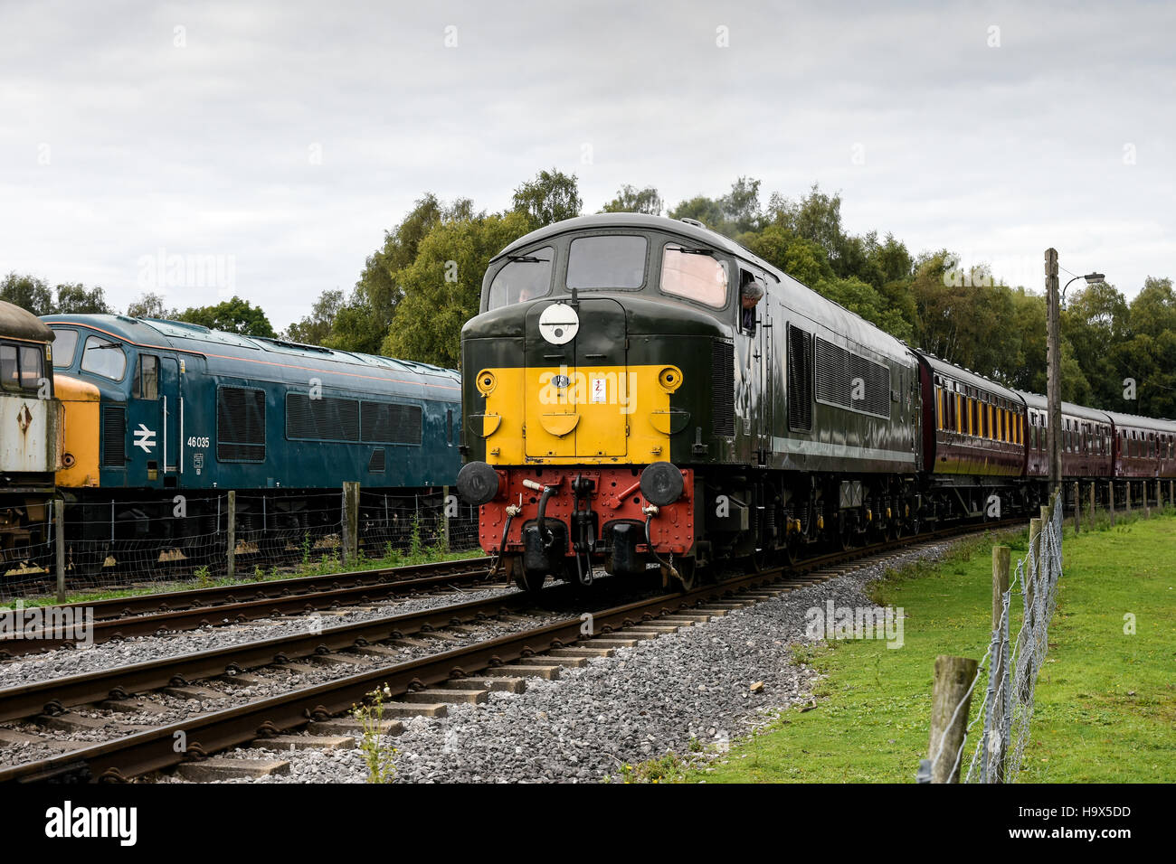 Diesel train pulling into station Peak district Derbyshire Rowsley ...
