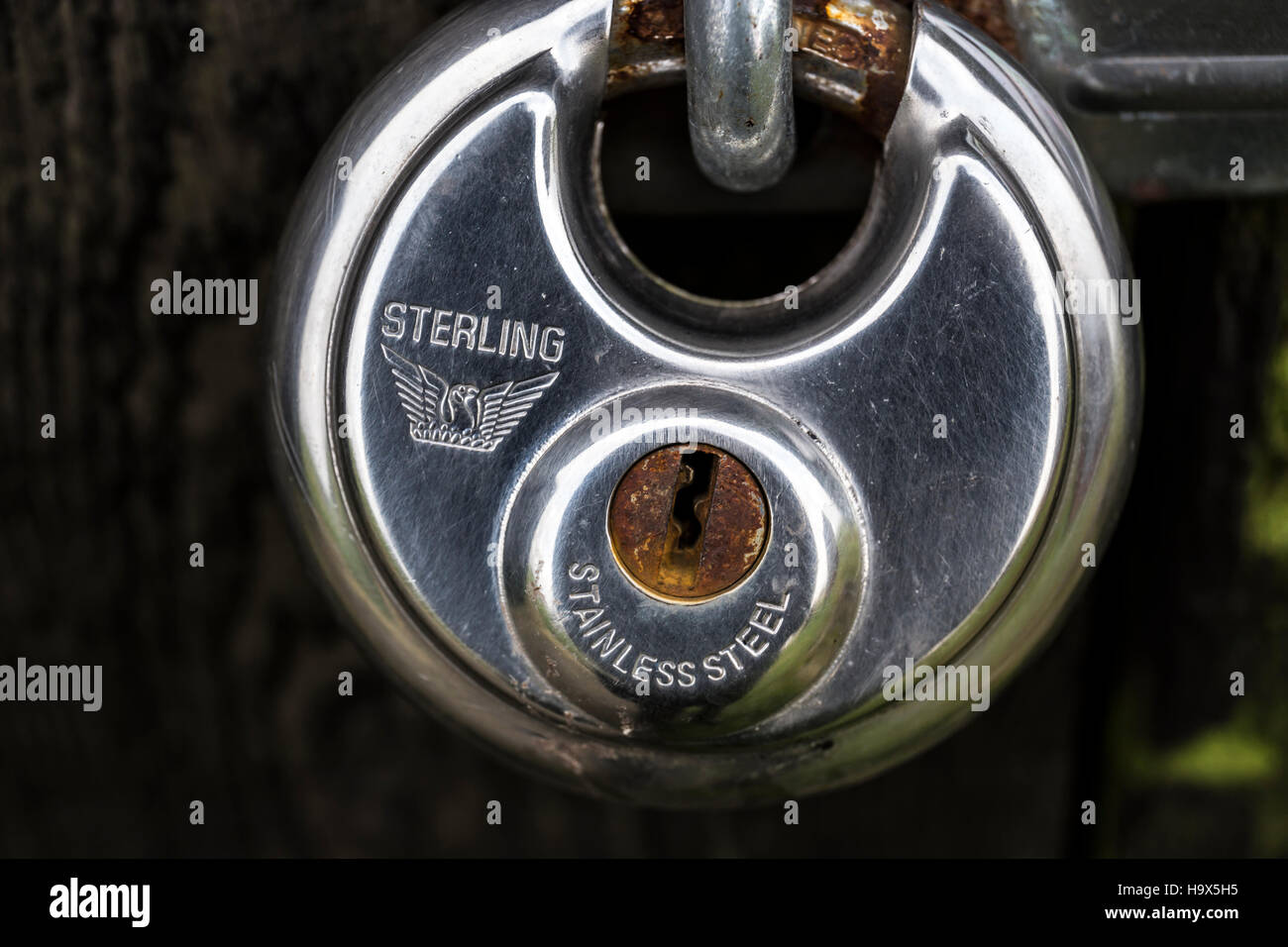 Close up round shaped stainless steel padlock Stock Photo - Alamy