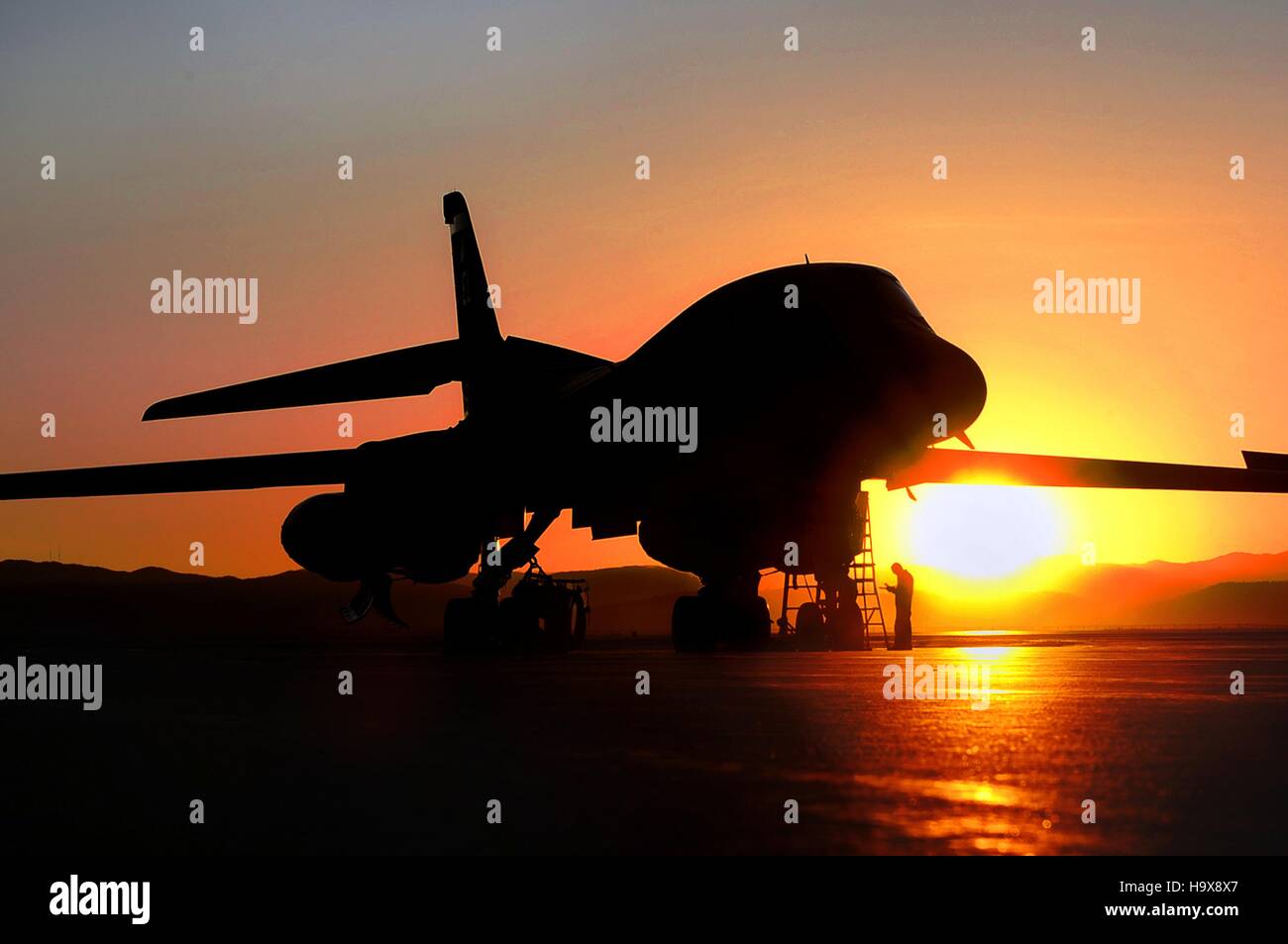 A B-1B Lancer jet-powered heavy strategic bomber aircraft sits on the ...