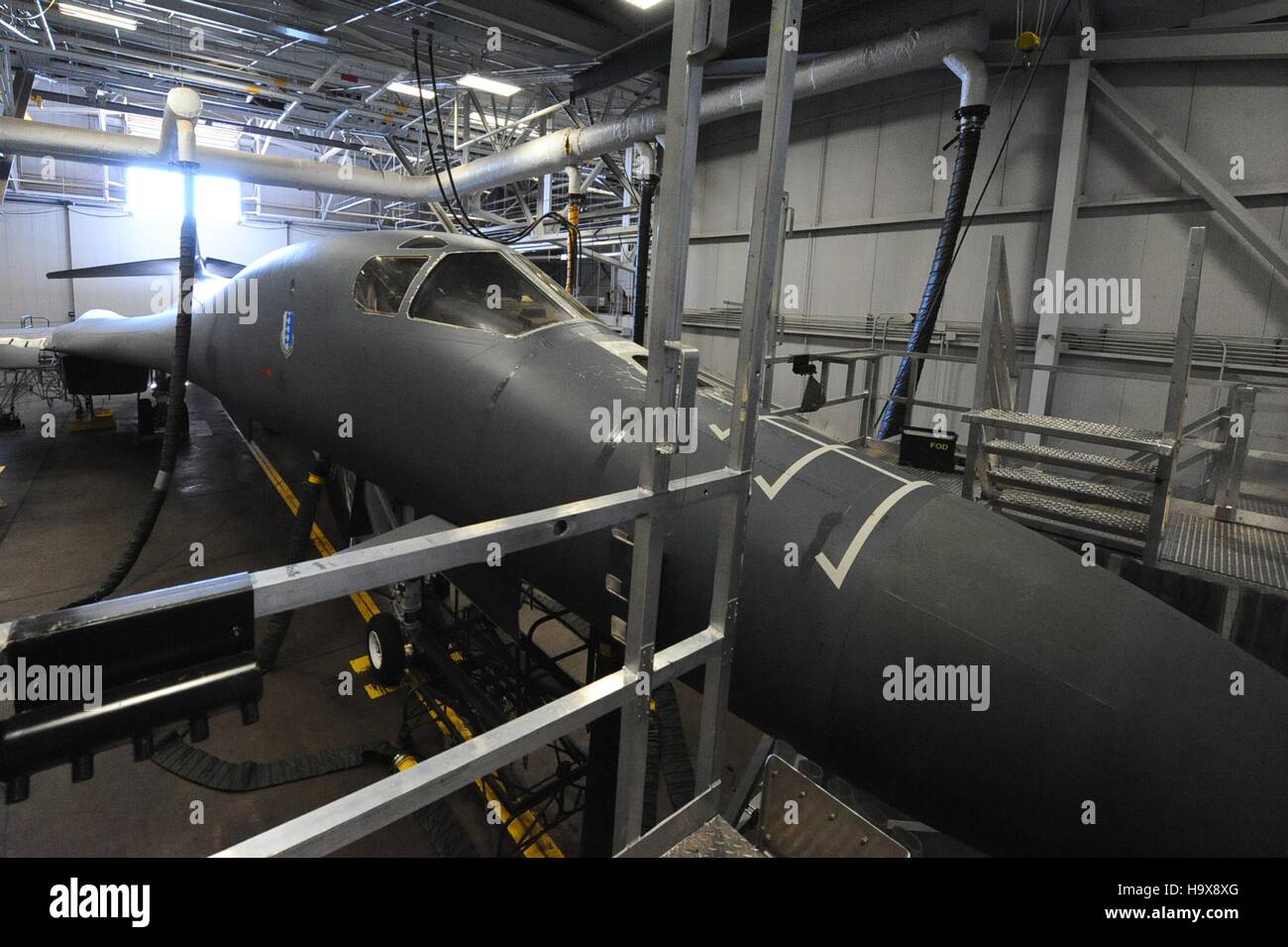 A B-1B Lancer jet-powered heavy strategic bomber aircraft sits in a ...