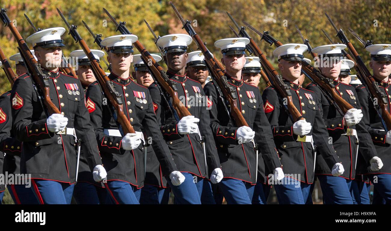 U.S. Marines with Marine Barracks Washington pass in review during the ...