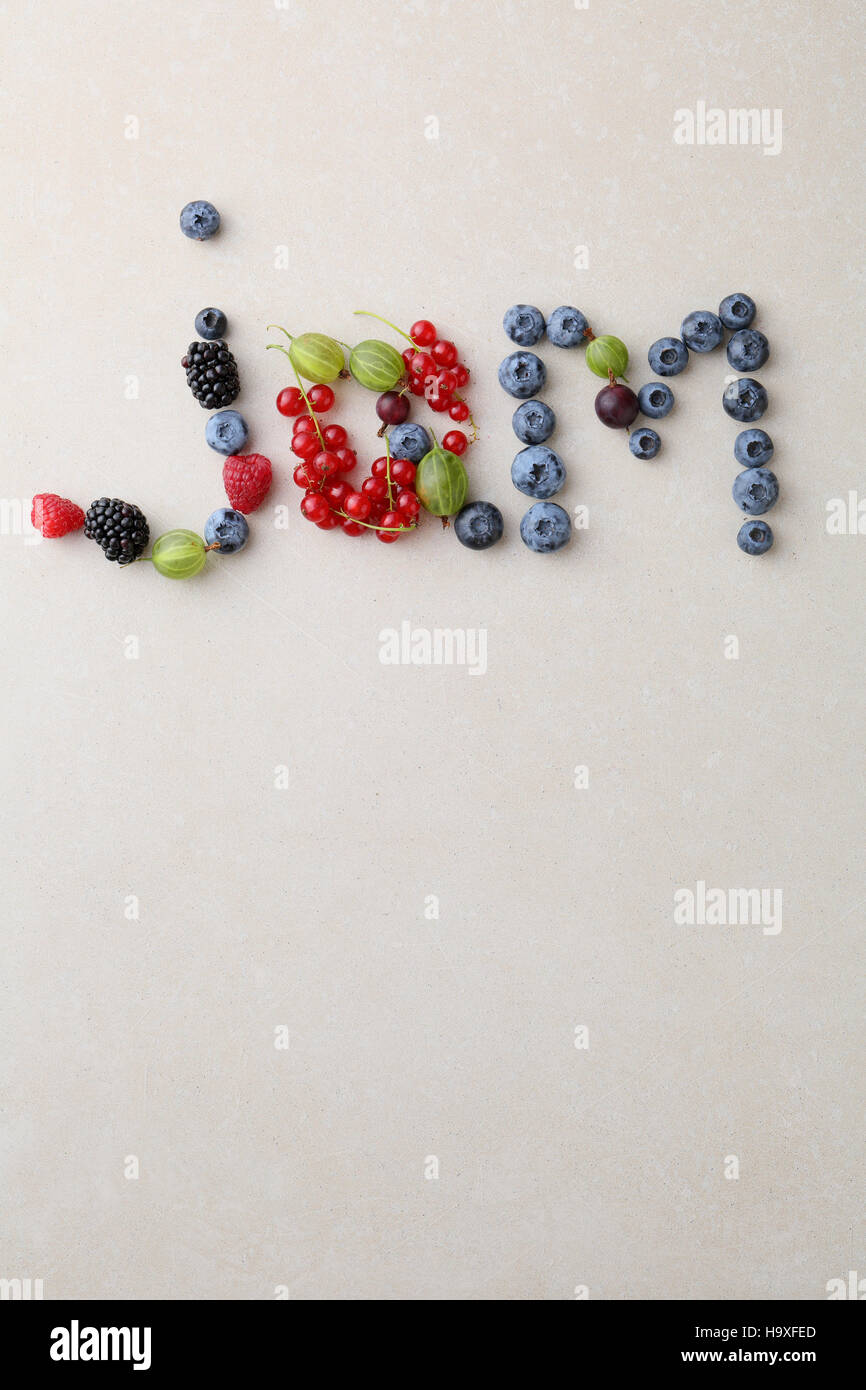 Word jam from berry, food background Stock Photo - Alamy