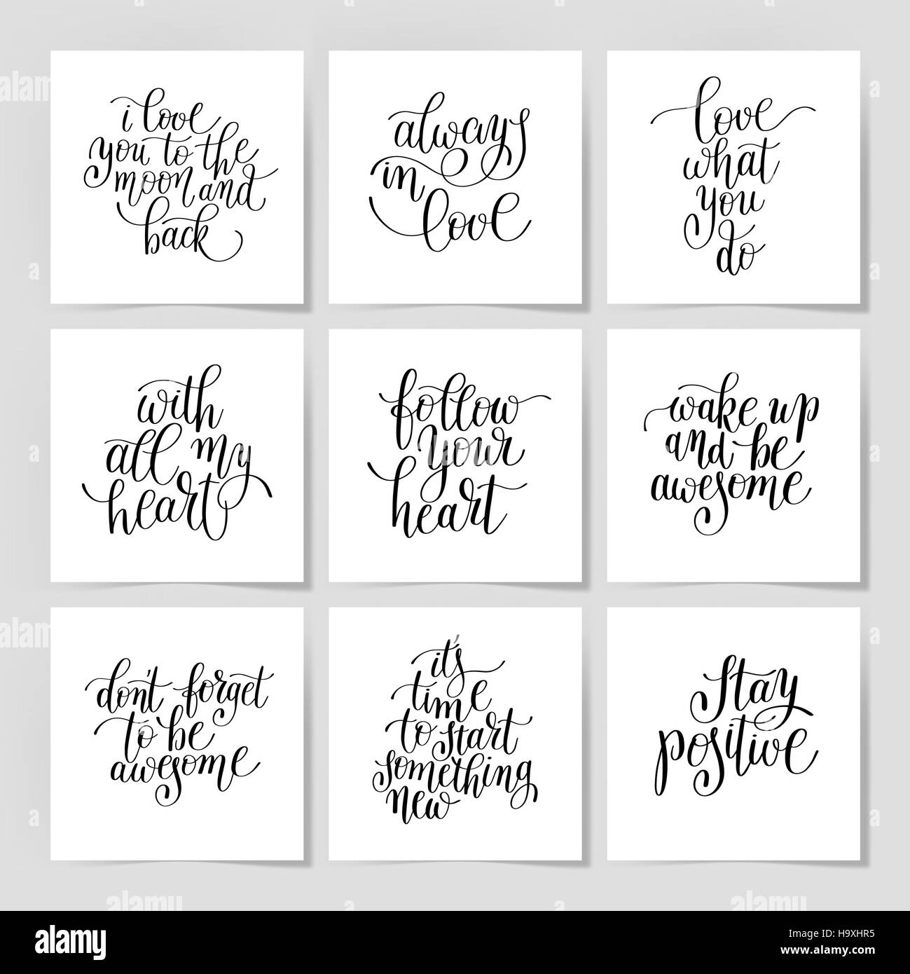 9 handwritten lettering positive quote set on blank sheets Stock Vector ...