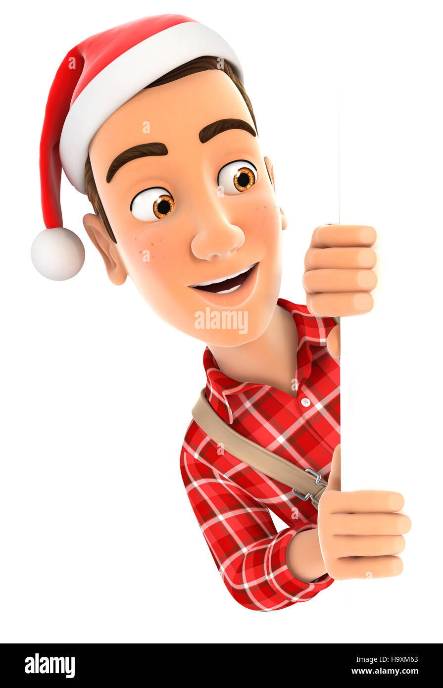 3d handyman with christmas hat peeping over wall, illustration with ...