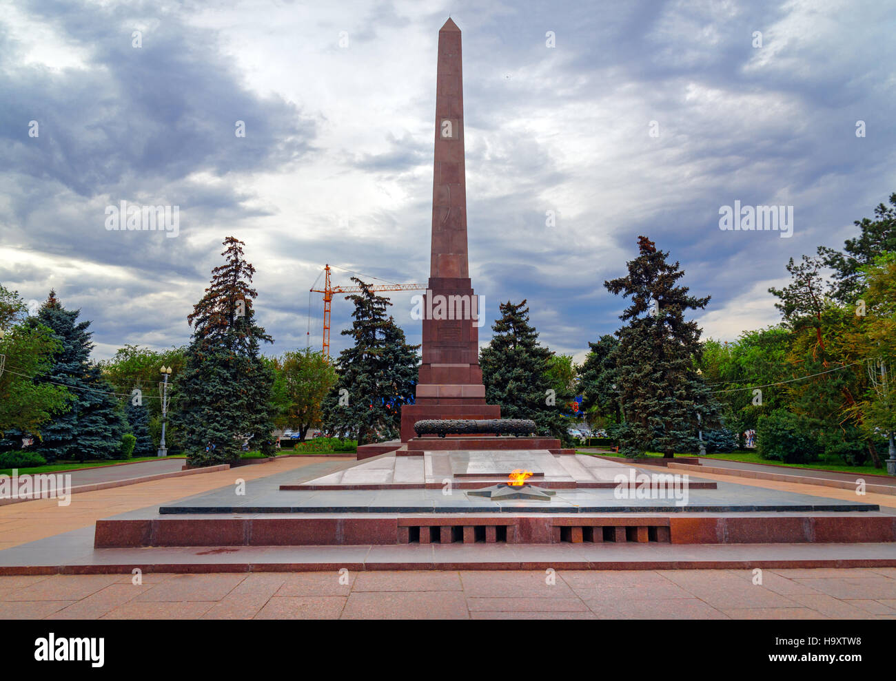 Obelisk and Eternal flame on Square of Fallen Fighters. Volgograd ...
