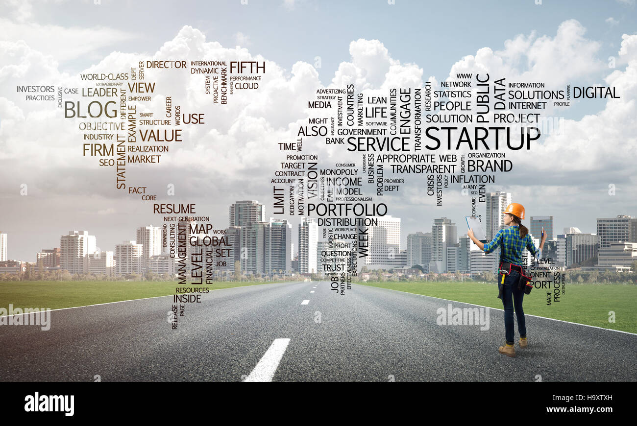 Female construction worker on road and globalisation concept Stock ...