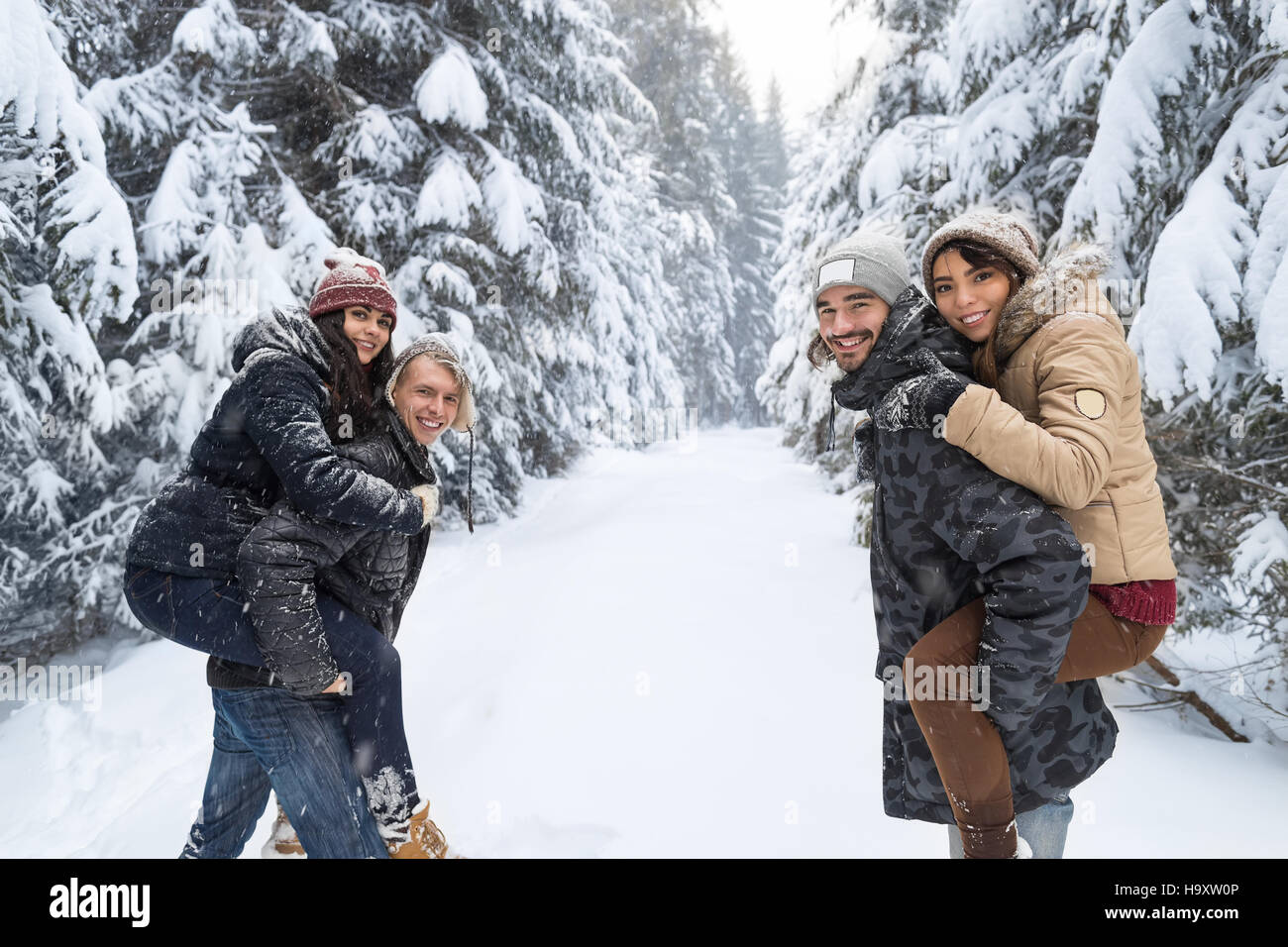 Friends Group Two Playful Couple Snow Forest Young People Outdoor Stock ...