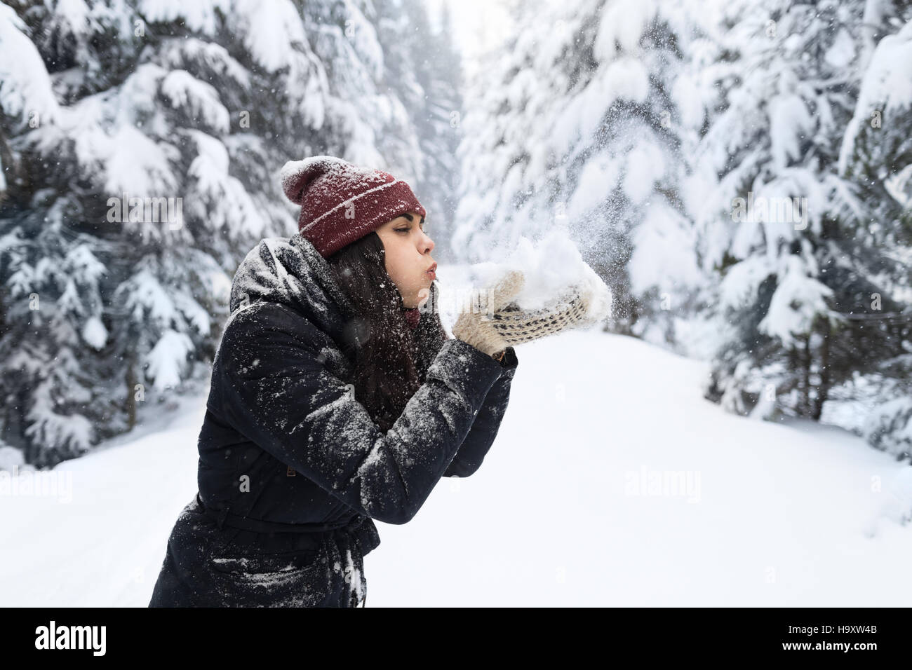 Young Beautiful Woman Blow Snow Hands In Winter Forest Girl Outdoors Walking Snowy White Park ...