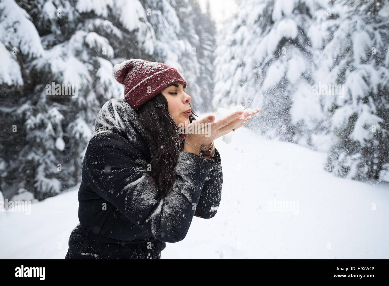 Young Beautiful Woman Blow Snow Hands In Winter Forest Girl Outdoors Walking Snowy White Park ...
