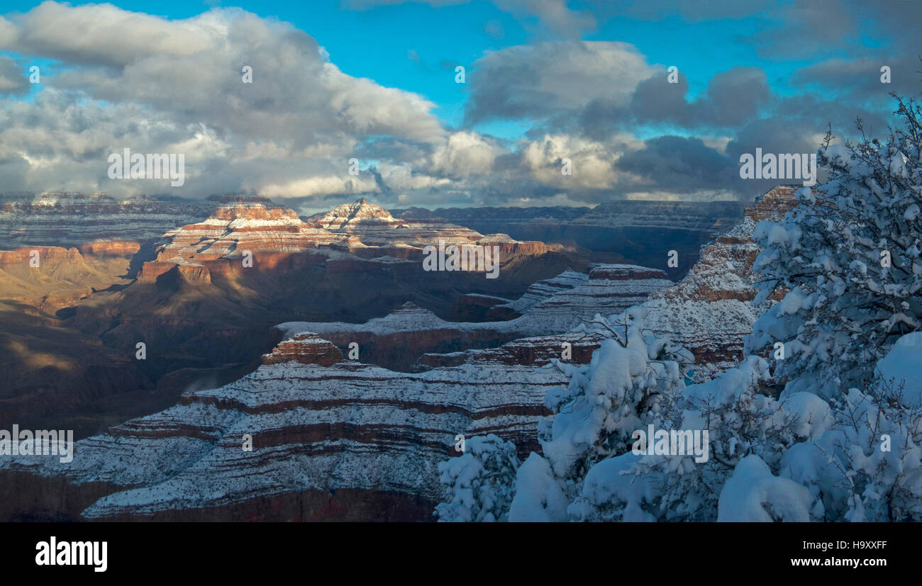 A winter snowscape at Yavapai Point in Grand Canyon National Park ...