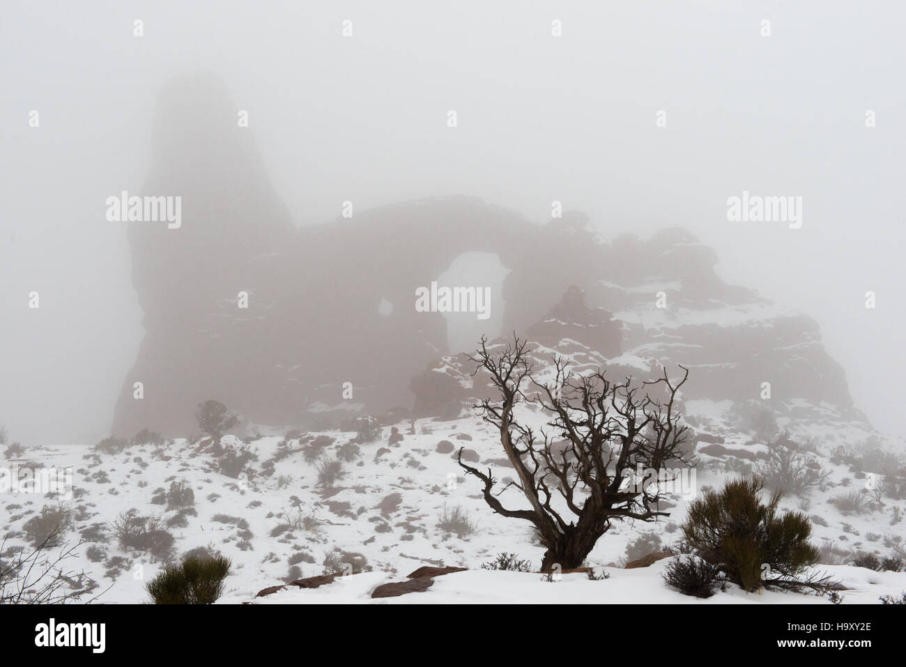 Turret Arch, located in Arches National Park, is partially obscured by ...