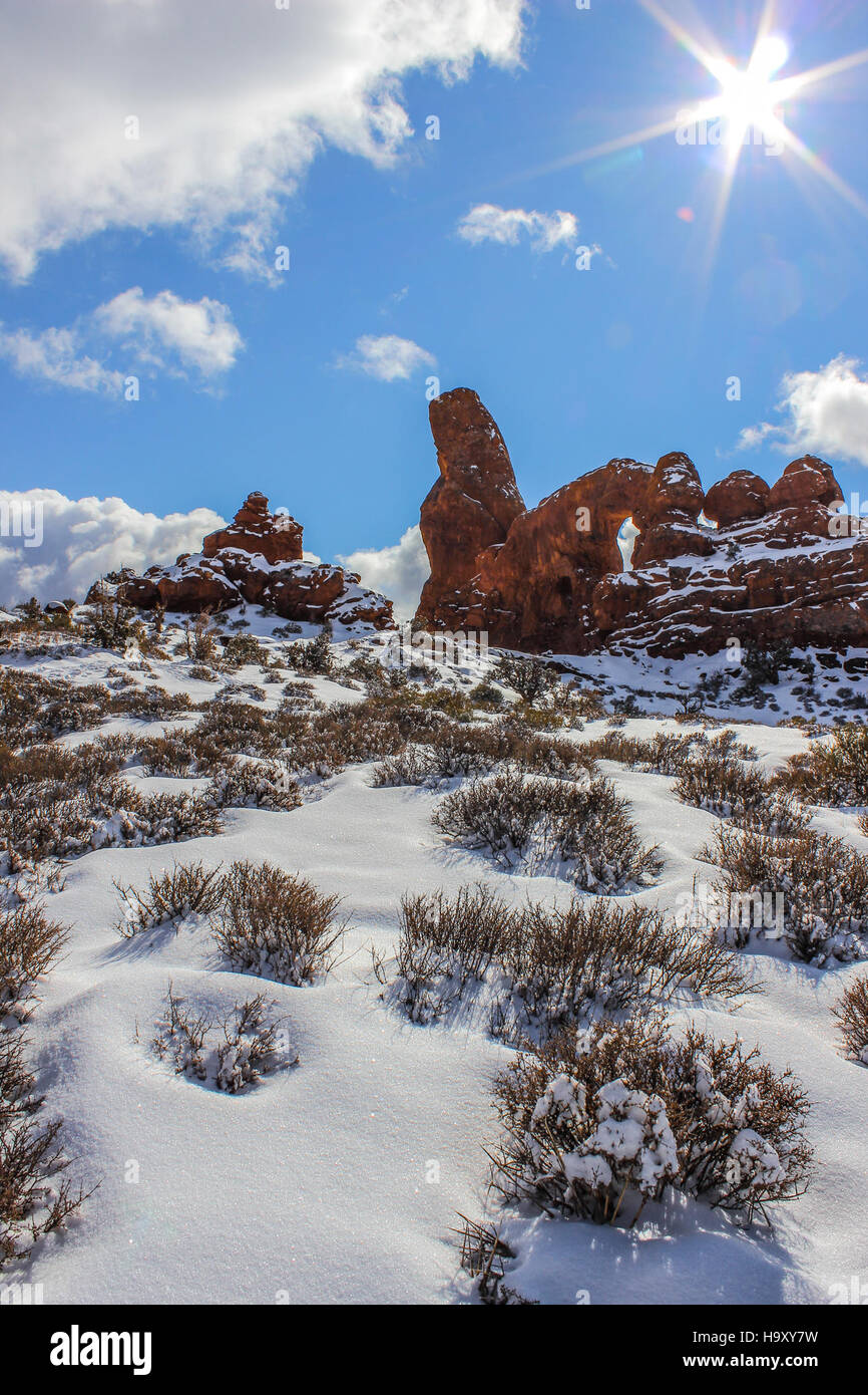 Snowy Turret Arch in Arches National Park, a stunning geological ...