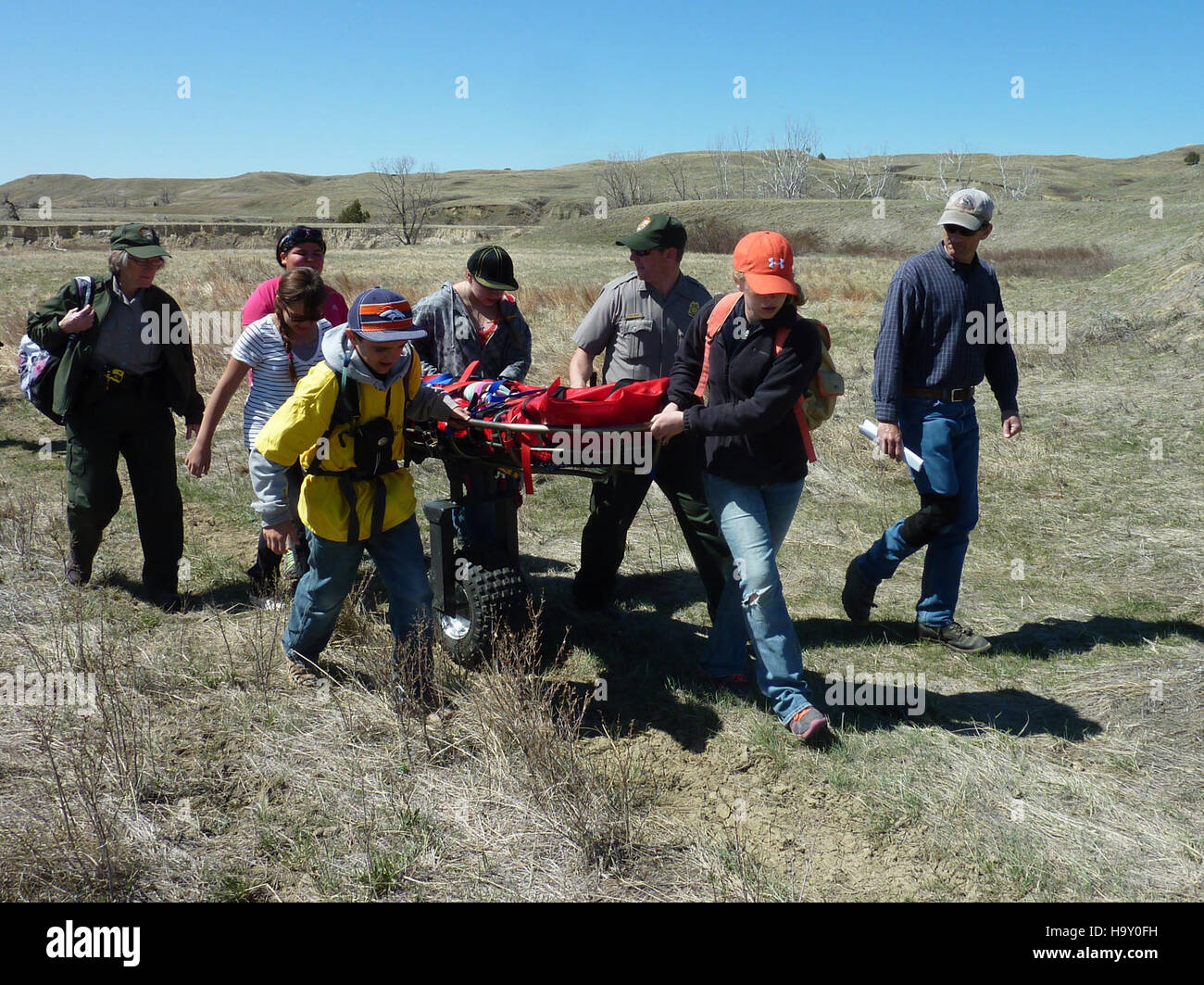 Interior School students transport a 'patient' on a wheeled litter ...