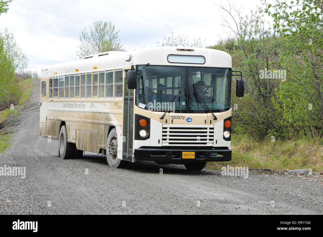 A bus arrives at Wonder Lake in Denali National Park, offering visitors ...