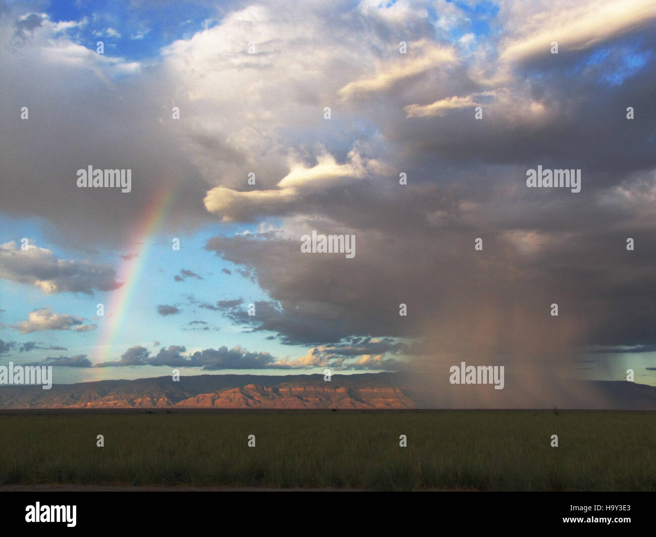 A vibrant rainbow forms over a rain-soaked landscape, showcasing nature ...