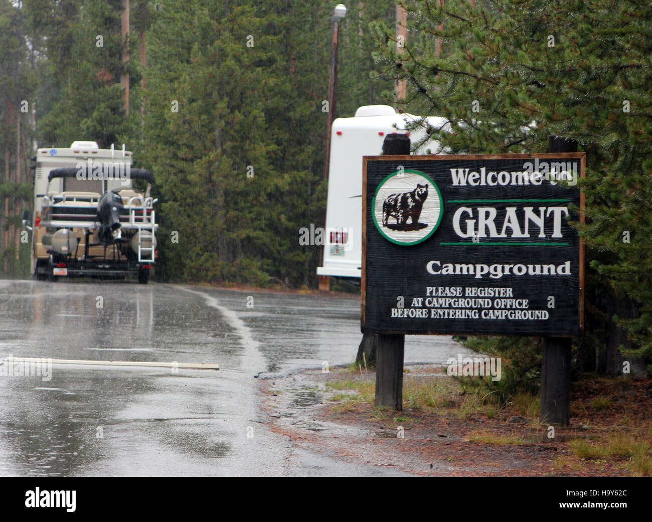 Grant Campground in Yellowstone National Park welcomes visitors with a ...