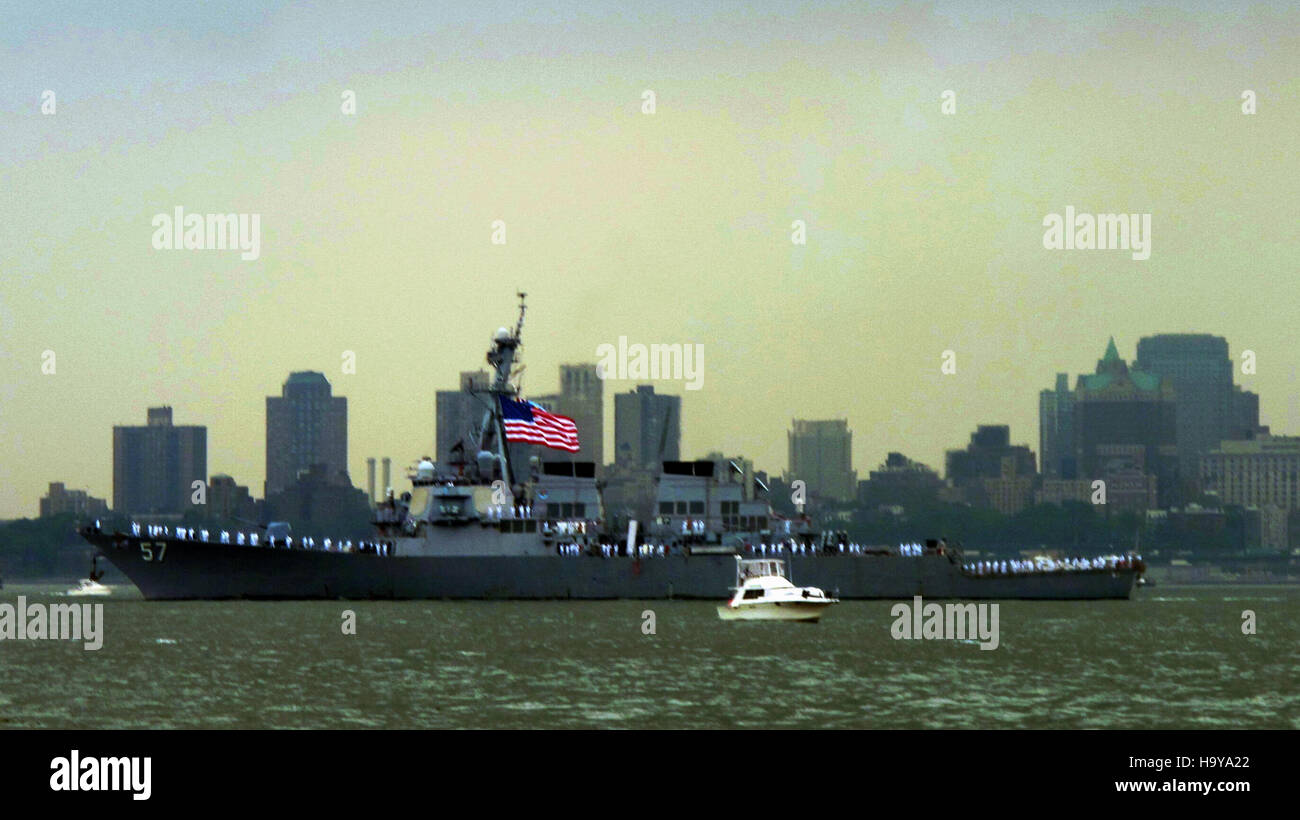 The USS Mitscher (DDG 57), a guided missile destroyer, is recognized in ...