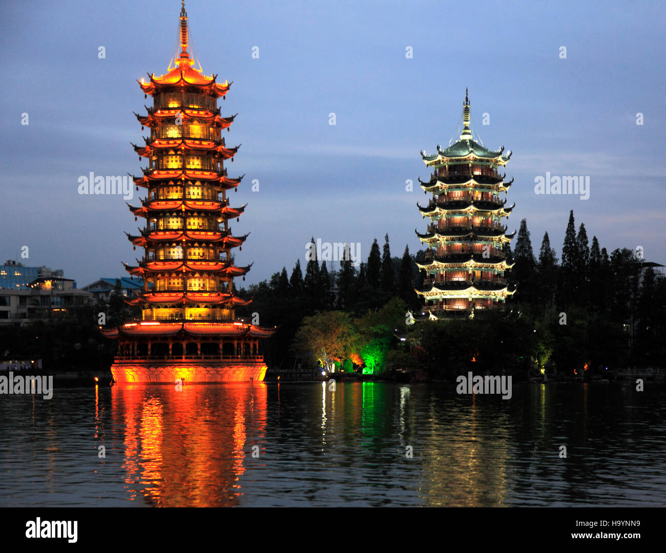 China, Guangxi, Guilin, Sun & Moon, Twin Pagodas, Shan Lake Stock Photo ...