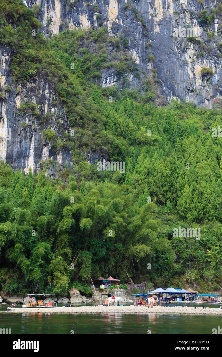 China, Guangxi, Xingping, Li River, karst landscape, limestone hills ...