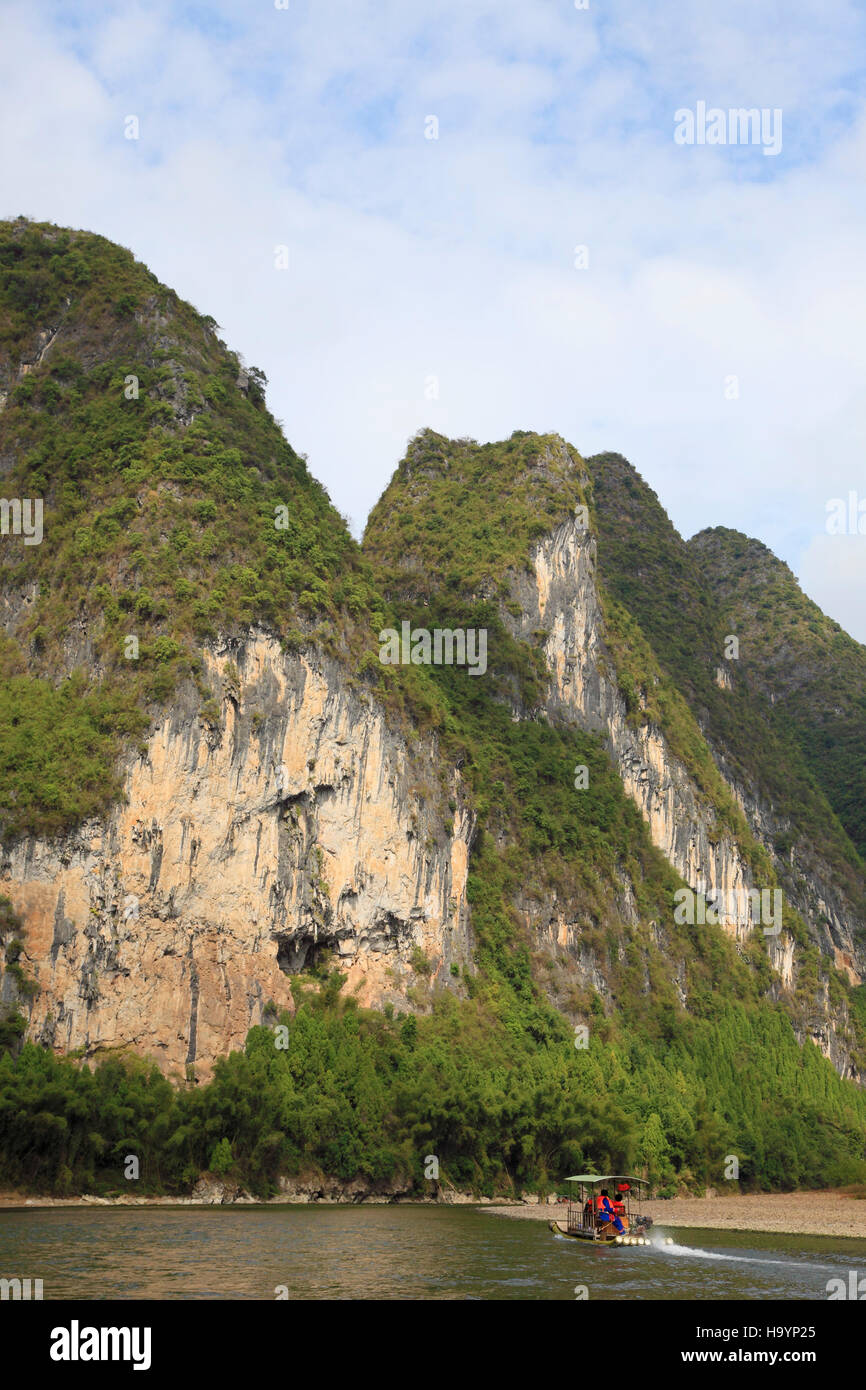 China, Guangxi, Xingping, Li River, karst landscape, limestone hills ...