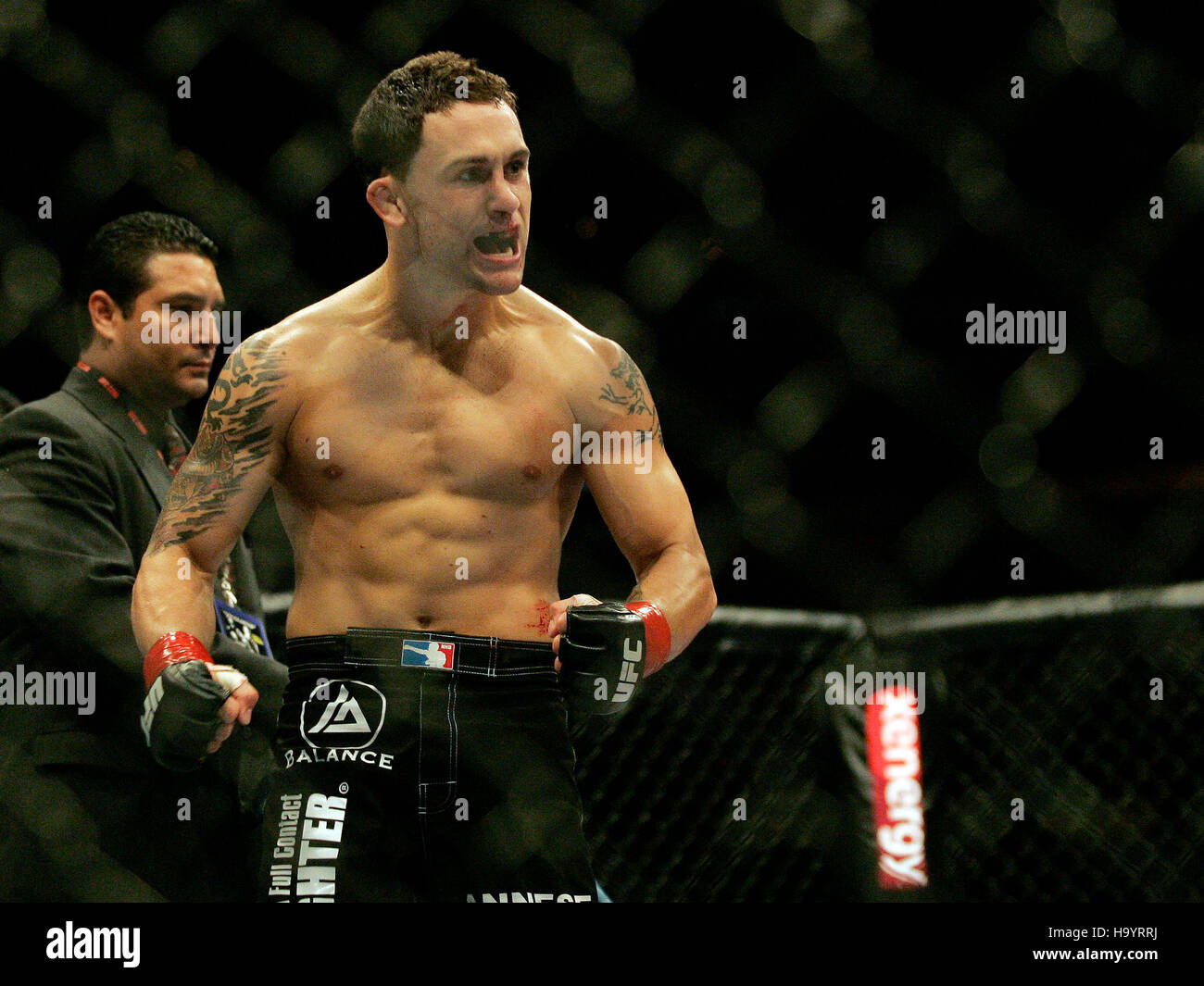 Frank Edgar celebrates his victory over Mark Bocek at UFC 73 at the ...
