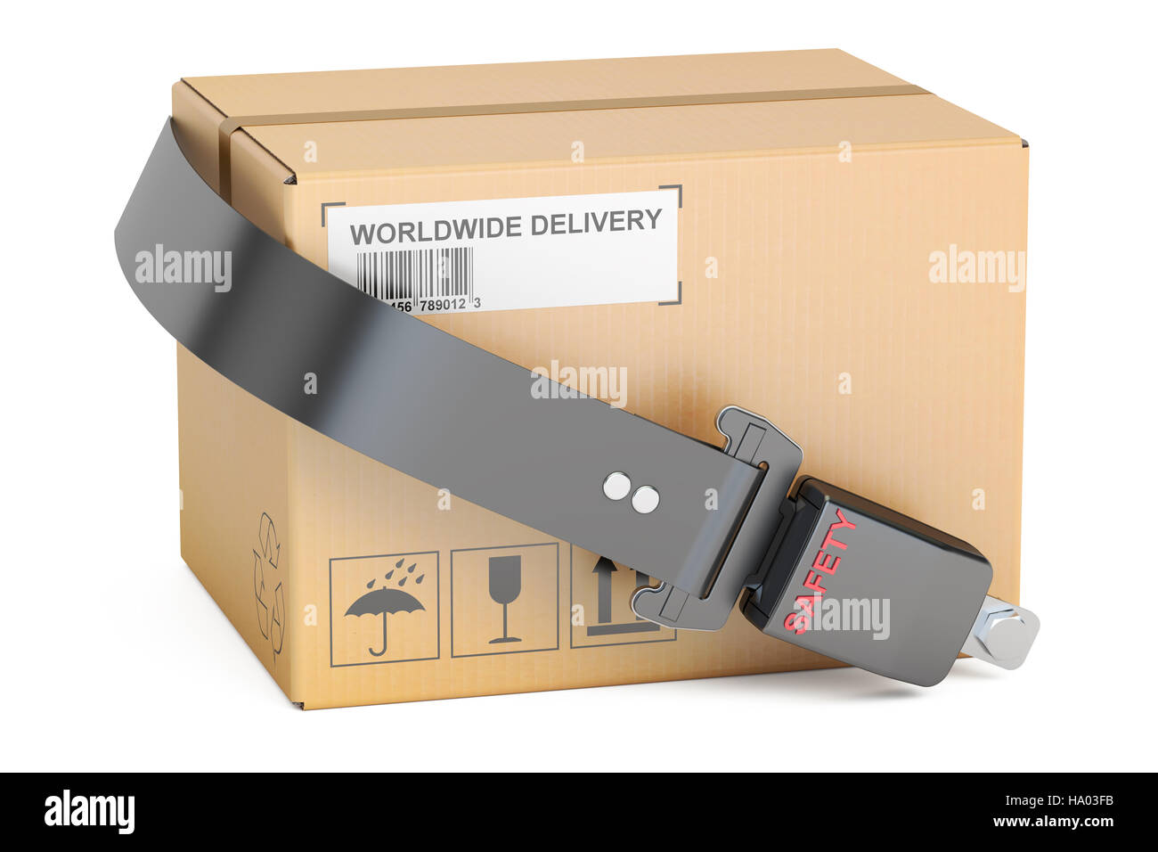 safety delivery concept, safety belt with cardboard box parcel. 3D ...