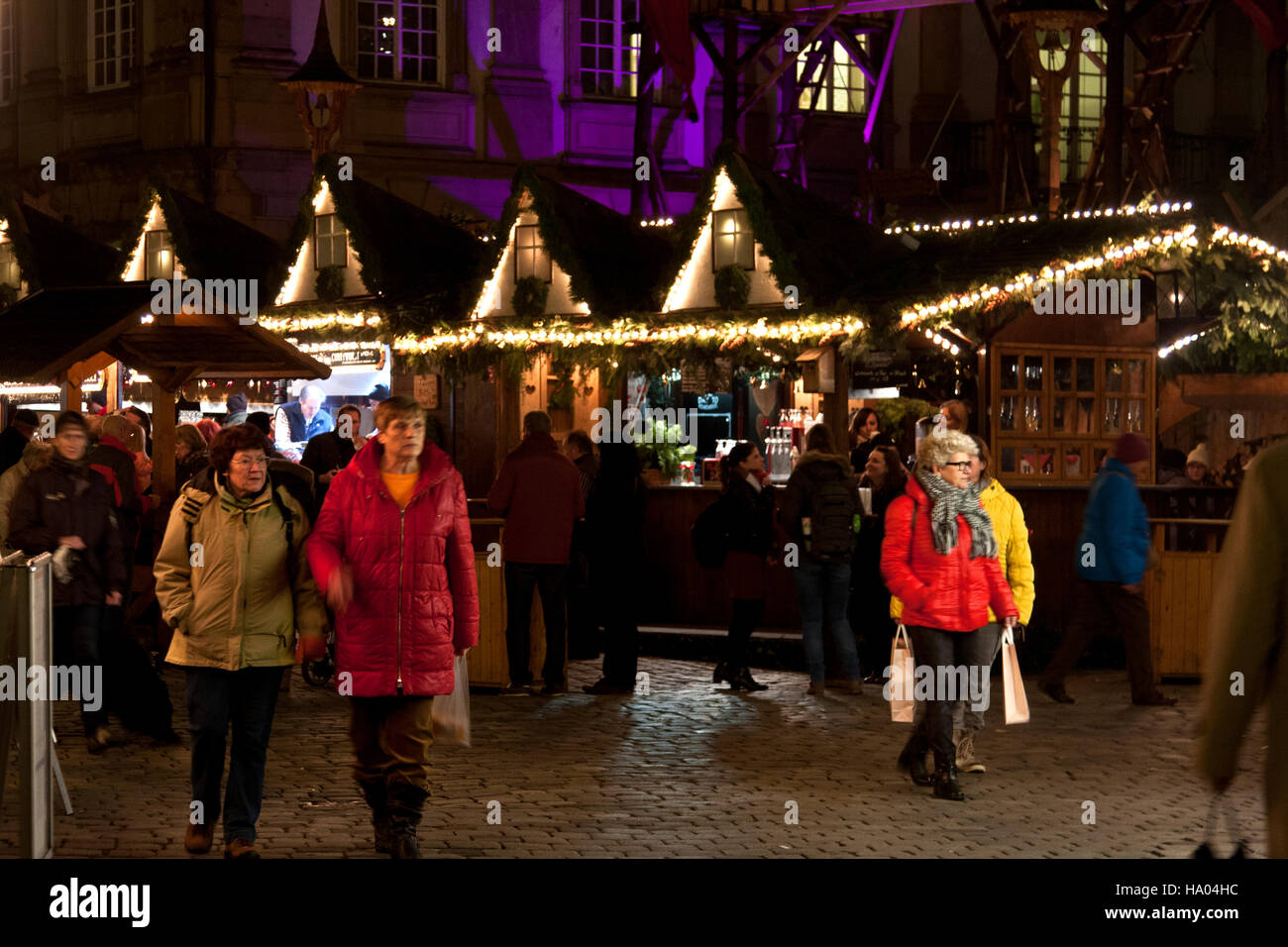 Christmas Market, Germany, booths of gifts in a medieval themed holiday ...