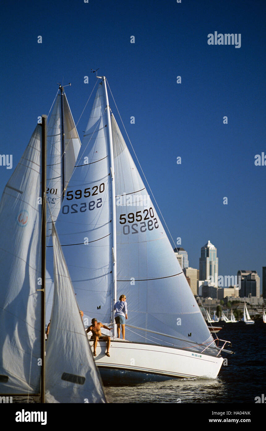Sailboats on Lake Union racing to the finish line, Seattle, Washington ...