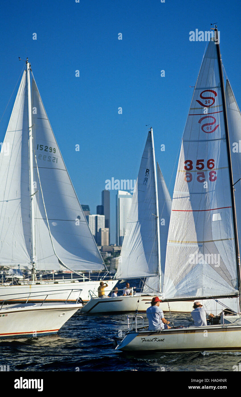 Sailboats on Lake Union racing to the finish line, Seattle, Washington ...