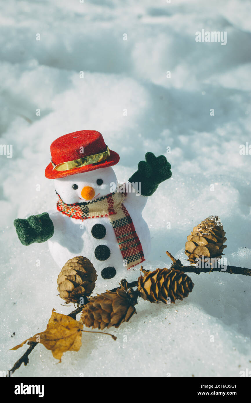 Snowman stand in pile of snow with Pine cone. Morning sunshine is ...