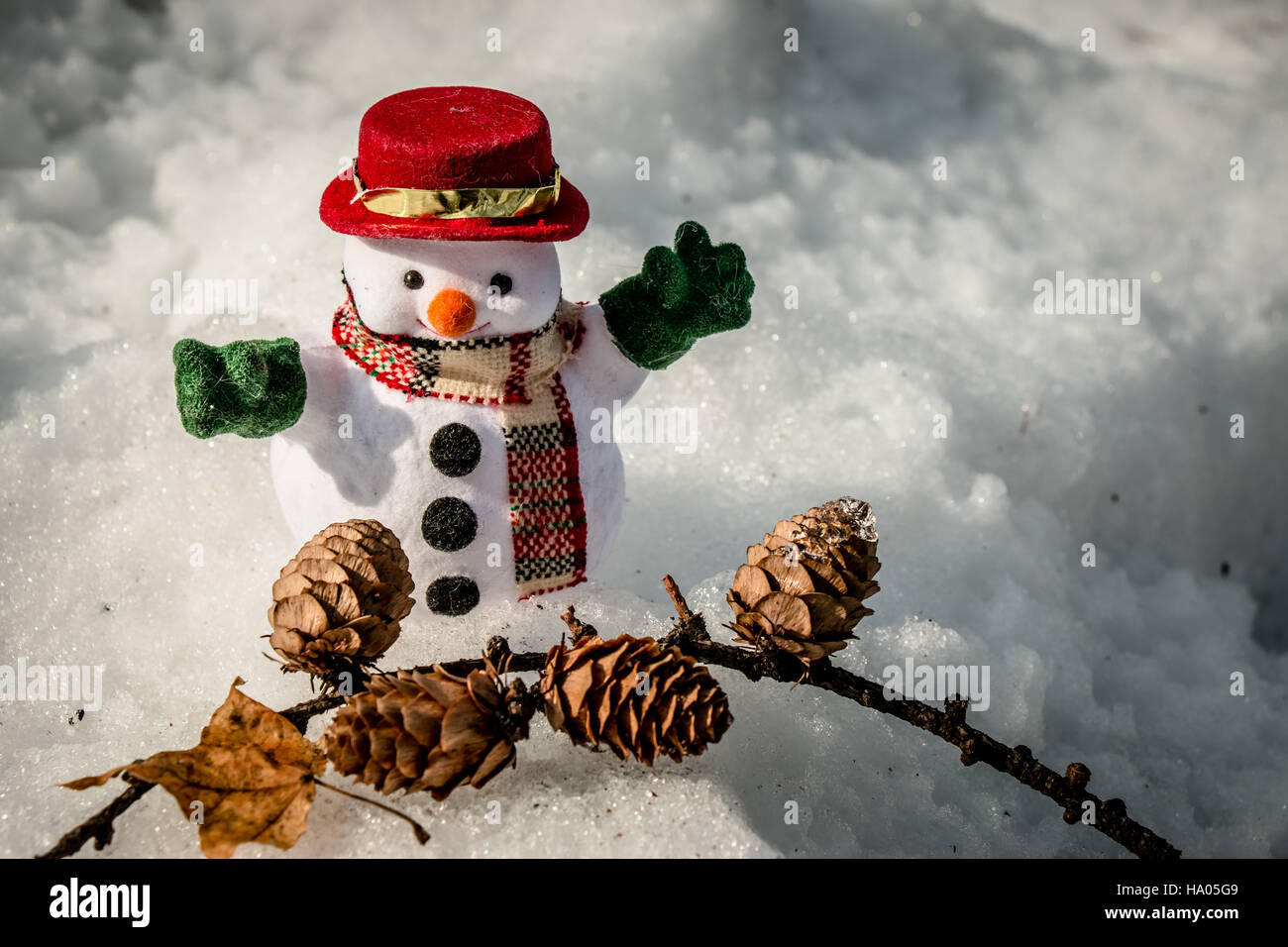Snowman stand in pile of snow with Pine cone. Morning sunshine is ...