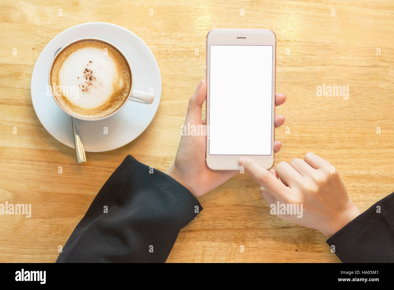 hand using phone white screen on top view Stock Photo - Alamy