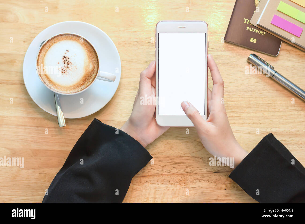 hand using phone white screen on top view Stock Photo - Alamy
