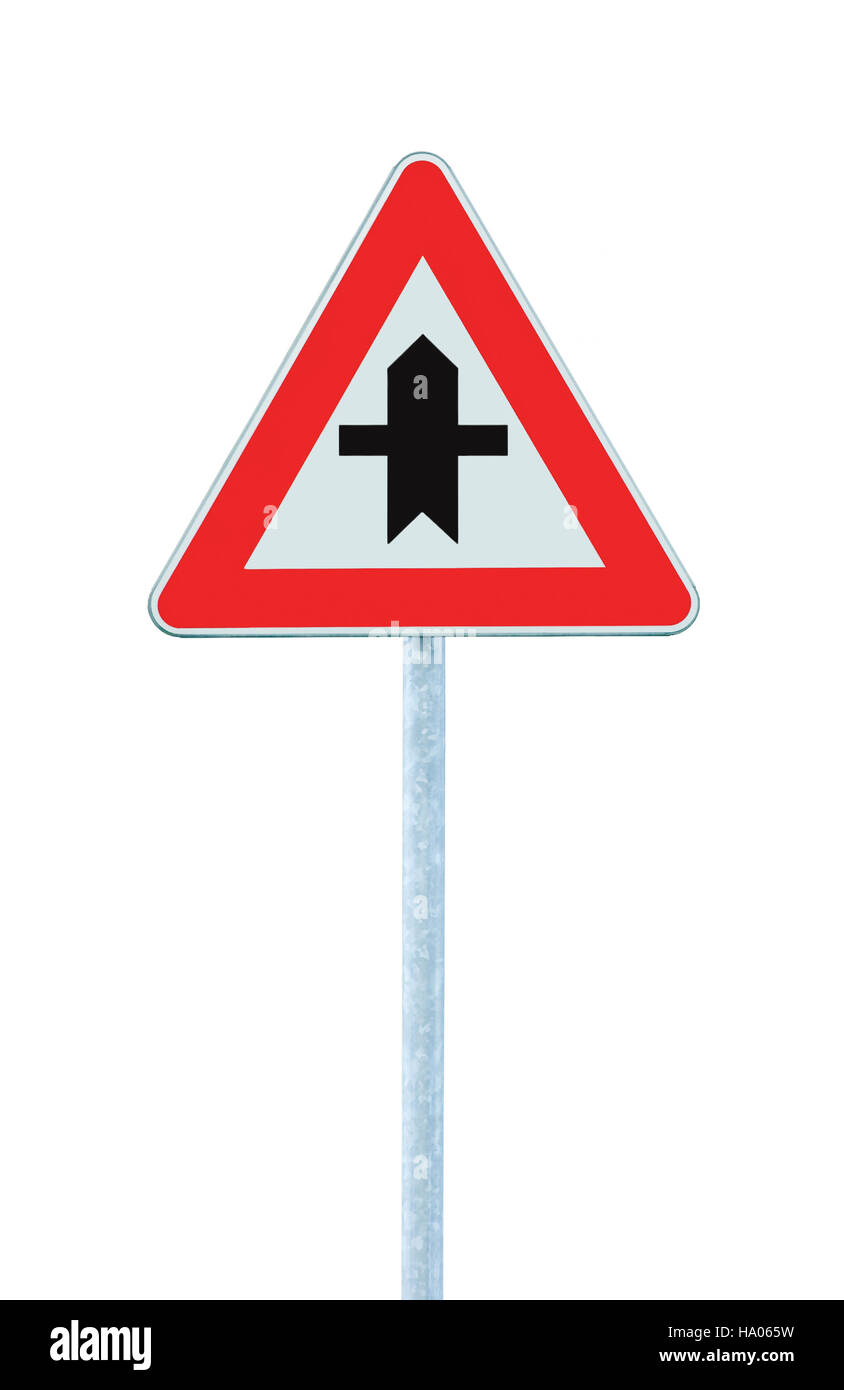 Crossroads warning main road sign pole post, isolated roadside traffic ...