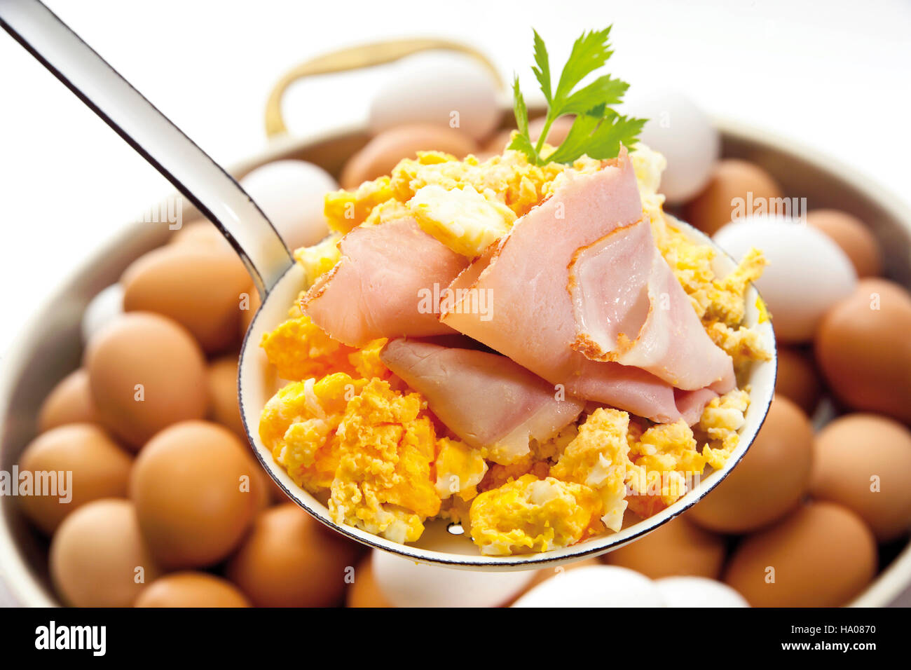 Scrambled eggs and cooked ham Stock Photo - Alamy