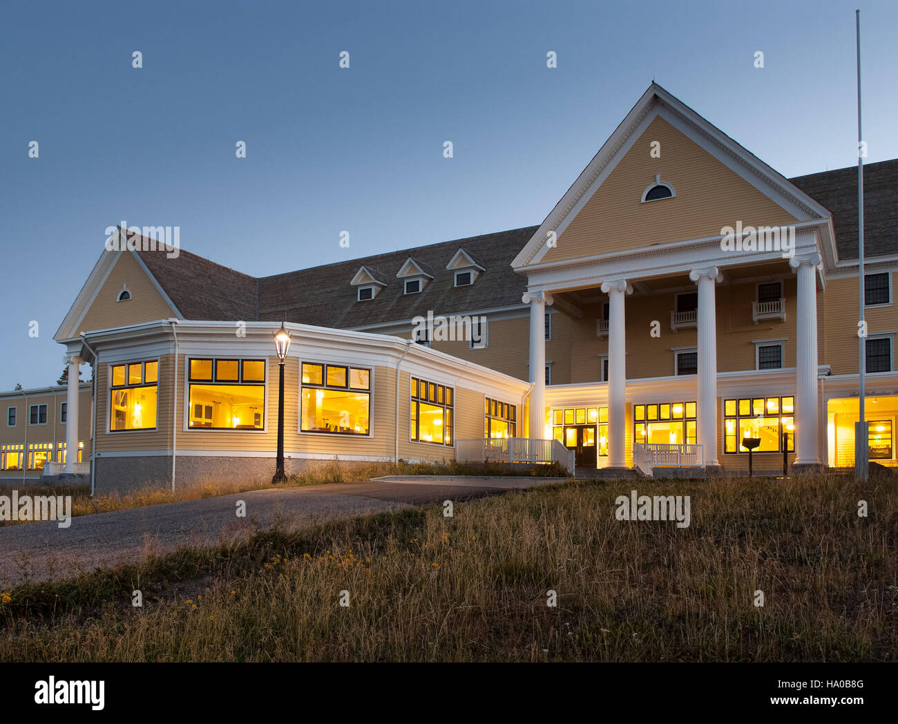 The exterior of Lake Yellowstone Hotel, a historic building located ...